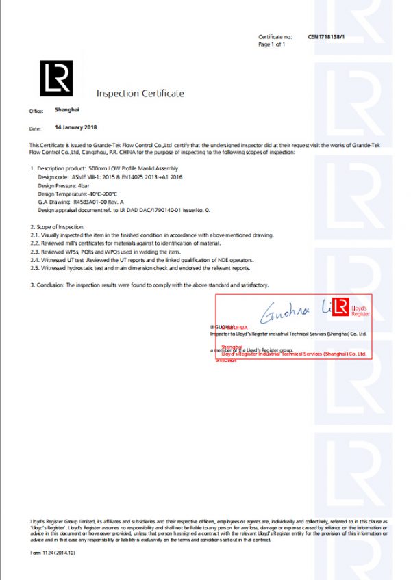 Lloyd's Classification Society Certification - Grand TEK